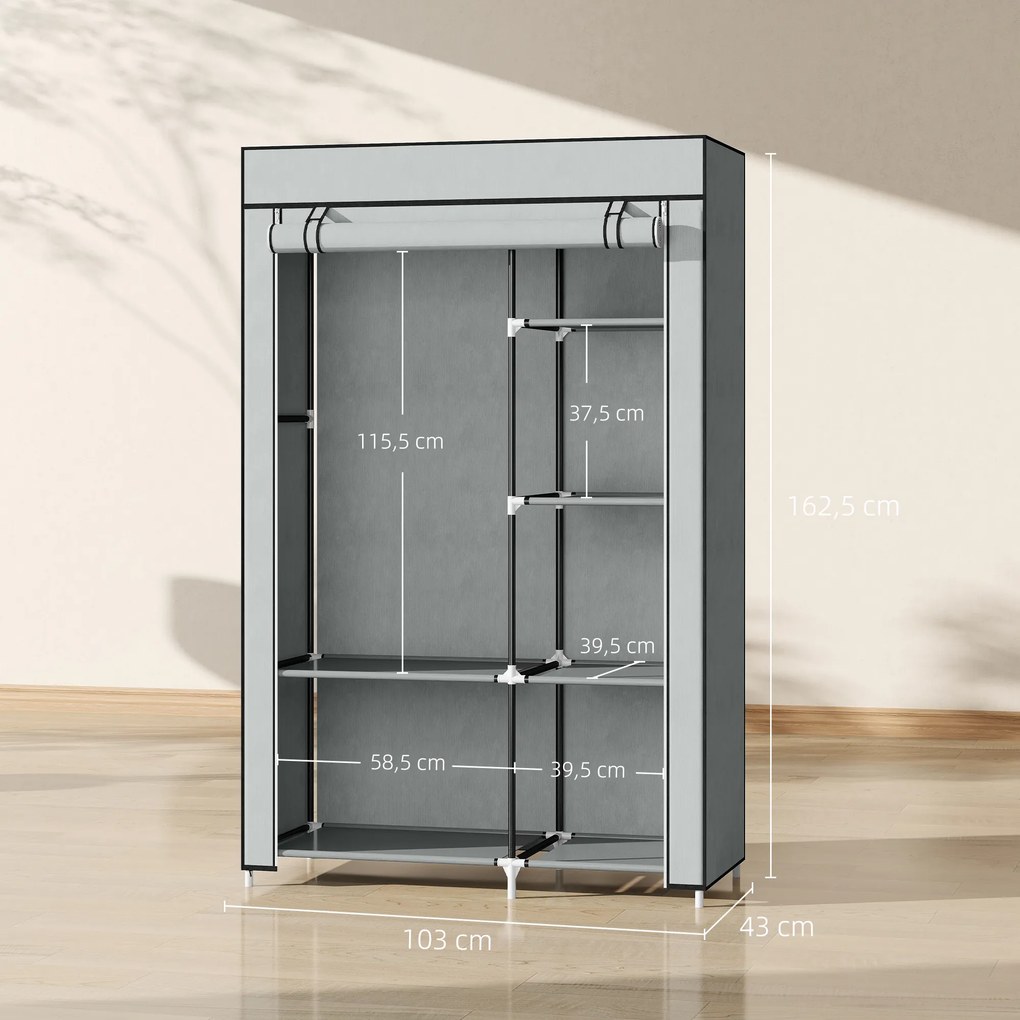 HOMCOM Šatní skříň Látková šatní skříň, 6 přihrádek, šedá, 103x43x162.5cm, Skládací šatní skříň ve fleecovém vzhledu