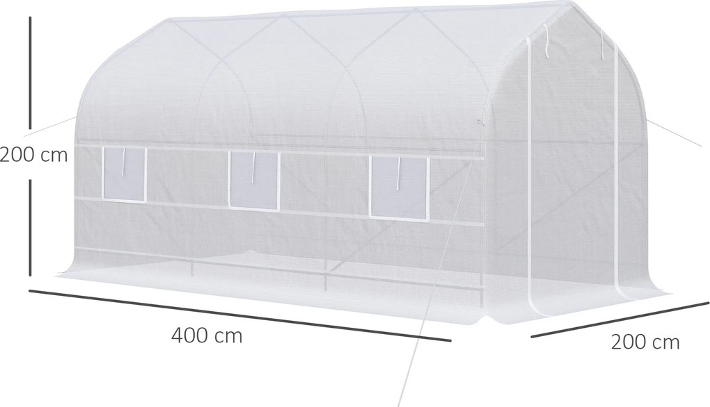 Zahradní skleník Outsunny 4x2x2 m tunelového typu s 6 větracími okny a rolovacím zipovým dveřmi pro pěstování rostlin a zeleniny, bílý