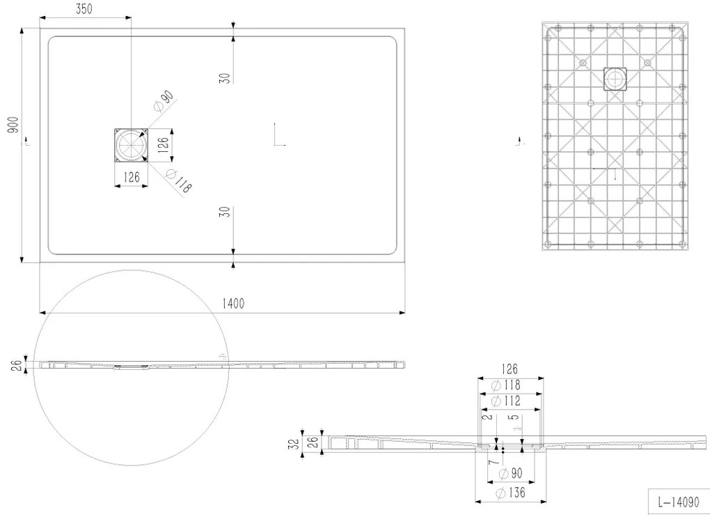 Erga Hyper, SMC sprchová vanička 140x90x2, 6 cm + sifon, šedá matná, ERG-V06-SMC-9014S-GR