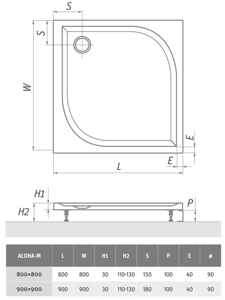 Čtvercová sprchová vanička z litého mramoru ALOHA-M 30 mm S 800 × 800 8000155