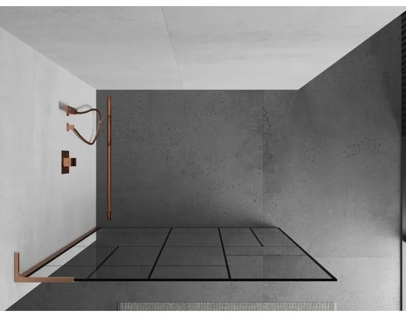 Mexen Kioto L, sprchová zástěna Walk-In 100 x 200 cm, 8mm čiré sklo černý vzor, měděný matný profil, 800-100-103-65-78