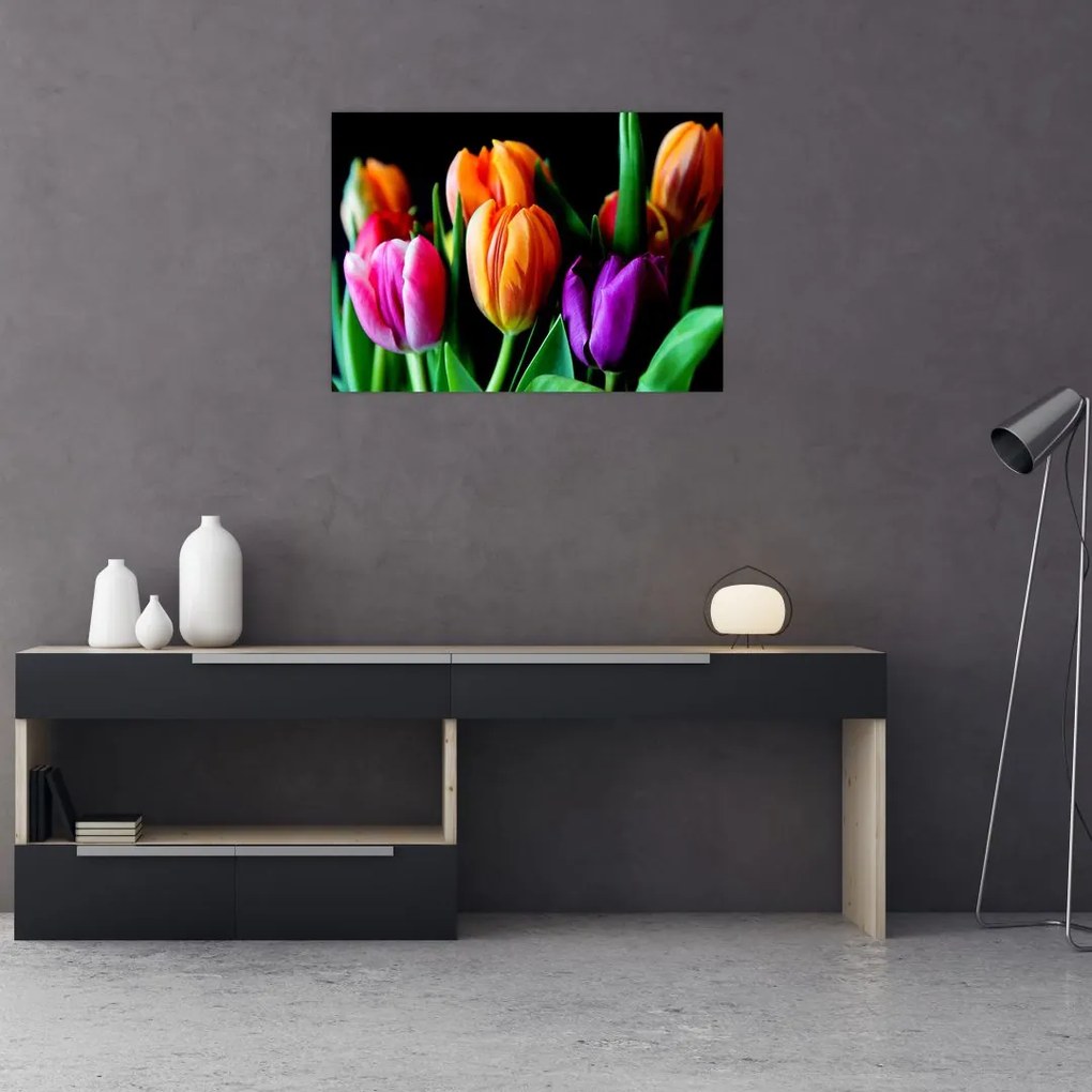 Skleněný obraz tulipánů na černém pozadí (70x50 cm)