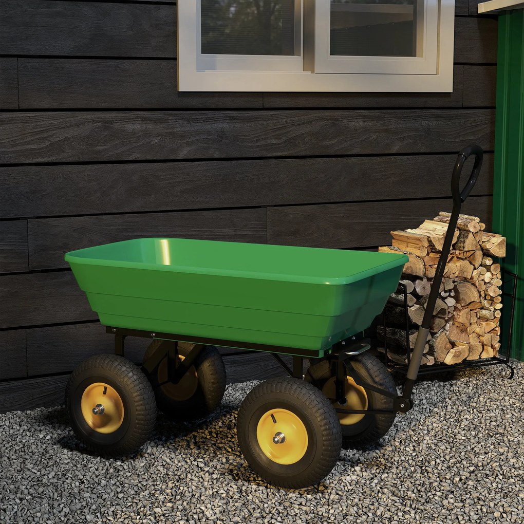Outsunny Zahradní vozík s funkcí sklápění do 200 kg Ruční vozík s plastovou vanou o objemu 75 litrů Rukojeť na zatažení Pneumatiky Tmavě zelená barva