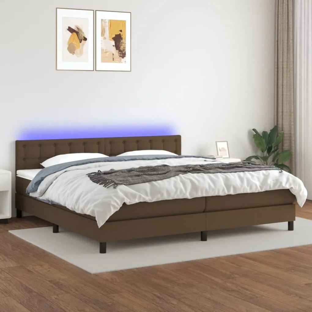 Box spring postel s matrací a LED tmavě hnědá 200x200 cm textil