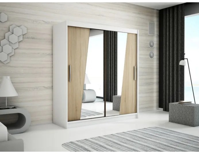 Krásná šatní skříň se zrcadlovýmí posuvnými dveřmi Elvíra 150 v barvě bílá - dub sonoma