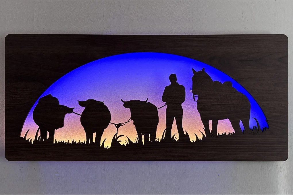Li-Go "Člověk, kůň a býk" světelný obraz s baterií RGBW 100x45 cm varianta: ovládání na obraze včetně dálkového ovladače, provedení: dub světlý