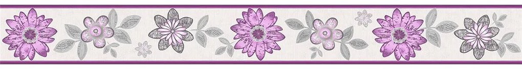 Bordura na zeď samolepicí - Květy s lístky fialové