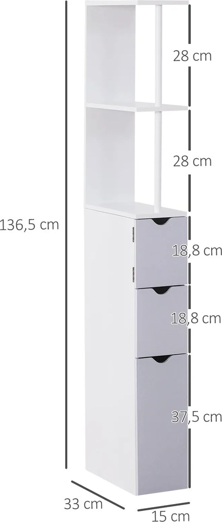 HOMCOM Moderní koupelnový sloupek – úložná skříňka s 2 policemi, 2 šuplíky a 1 protiskluzovými dvířky 15x33x136,5 cm Bílá
