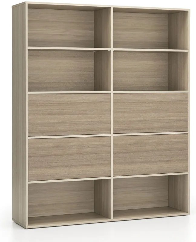 Široký kancelářský policový regál LAYERS, 4 boxy, 1582 x 400 x 1905 mm, dub přírodní / dub mořený