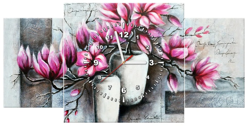 Gario Obraz s hodinami Růžové magnolie ve váze - 3 dílný Rozměry: 80 x 40 cm