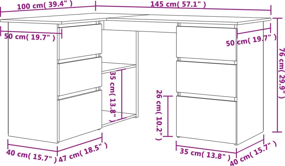vidaXL Rohový psací stůl 145 x 100 x 76 cm dřevotříska [801092] Barva: Bílá