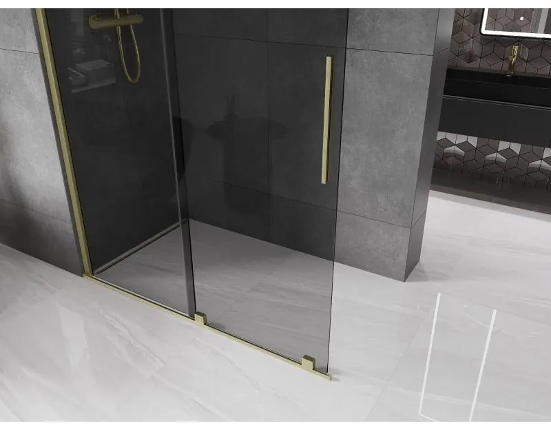 Mexen Velar, sprchová zástěna s posuvnými dveřmi Walk-in 150 x 200 cm, 8mm šedé sklo, zlatá matná, 871-150-000-43-55