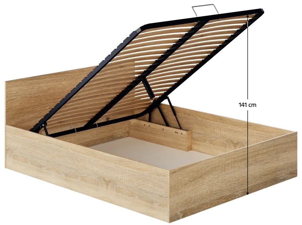 Kondela Postel s kovovým roštem a úložným prostorem, 160x200, dub sonoma, DOLI