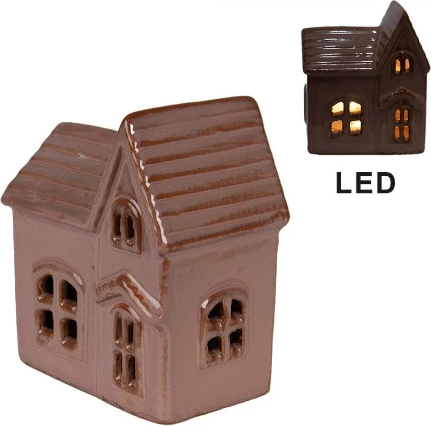 Hnědo-růžový keramický svítící LED domek - 10*6*11 cm