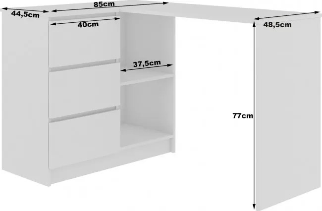Rohový kancelářský stůl B16 124 cm levý, bílý / bílý lesk