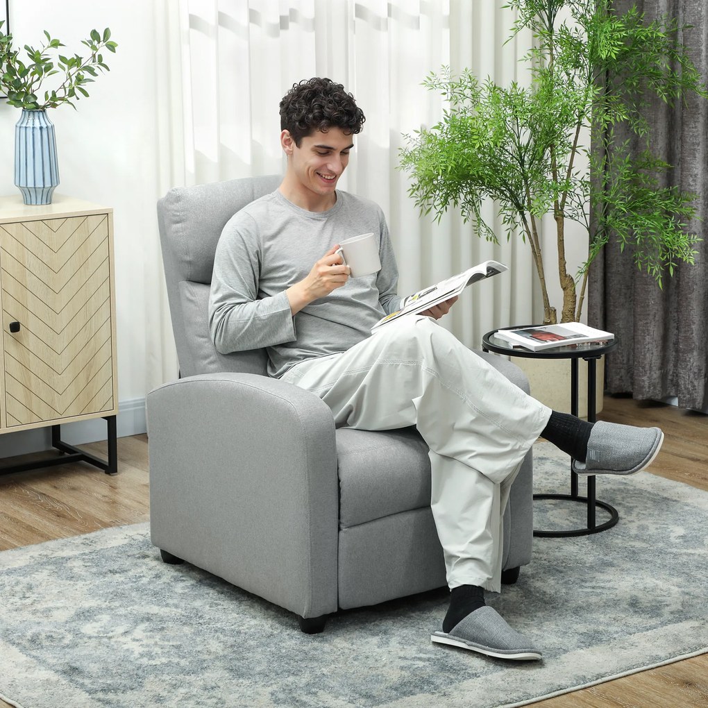 HOMCOM Relaxační křeslo, nastavitelné 135°, vysouvací podnožka, polstrovaná opěradla, lněný/polyester, světle šedá