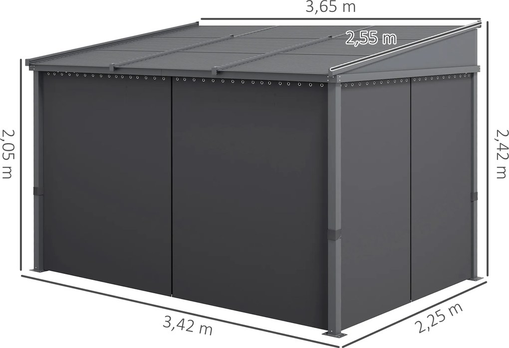 Outsunny pergola 3,65 x 2,55 m, pavilon s posuvnou střechou a závěsy, zastřešení terasy na zahradě a dvoře, hliník a kov, tmavě šedá |