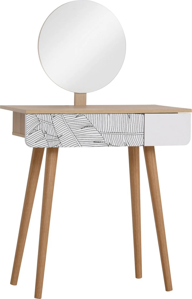 HOMCOM Toaletní stolek s kulatým zrcadlem Ф39cm, Toaletní stolek se zásuvkou s dekorací džungle, Bílý a dubový, 70x39x119-128cm | Aosom