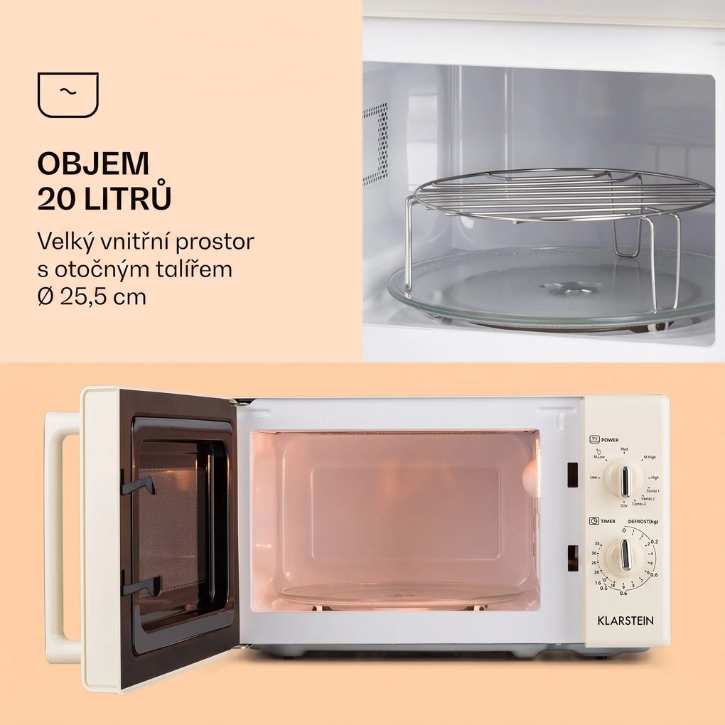 Klarstein Caroline, mikrovlnná trouba, 20 l, 700/1000 W, Ø 25.5 cm, QuickSelect, retro, krémová