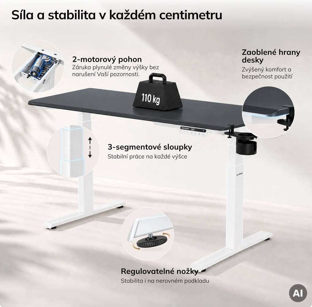 Elektrický stůl s nastavitelnou výškou ergonomický bílo-antracitový,1400x700 mm: ARIA
