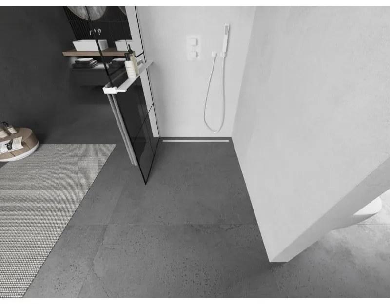 Mexen Kioto+ L, sprchová zástěna Walk-In s poličkou a věšákem 70 x 200 cm, 8mm čiré sklo černý vzor, bílý profil, 800-070-123-20-77
