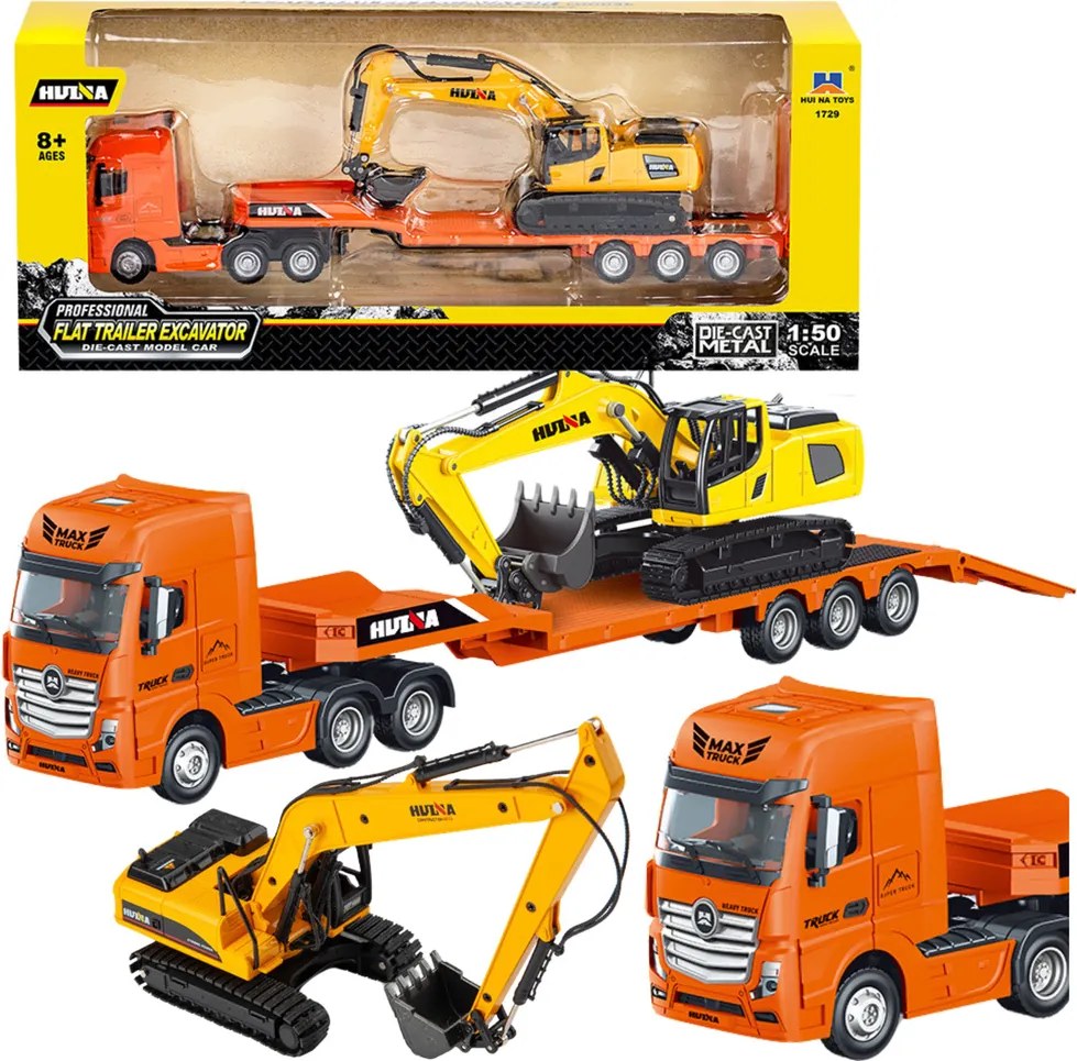 HUINA Nákladní auto s návěsem, odtahovka, bagr, kovové, Huina, oranžové, 1:50