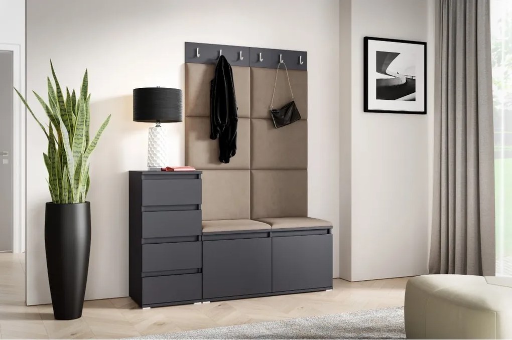 Eka Předsíňová stěna s čalouněnými panely Trinity 34 - Grafit / Tmavá béžová 2305