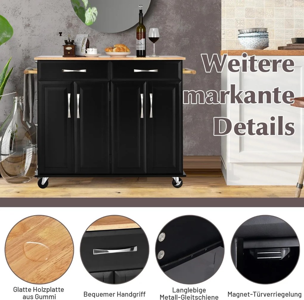 Costway Rolling Kitchen Island vozík s kaučukovou pracovní deskou 4 – černý