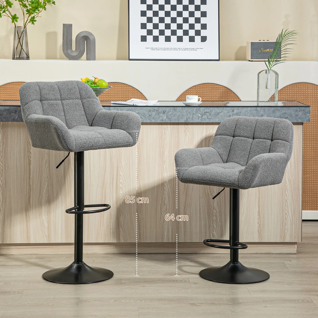 HOMCOM Barová židle Sada 2 kusů Retro design Výškově nastavitelná Fleece optika Šedá + Černá