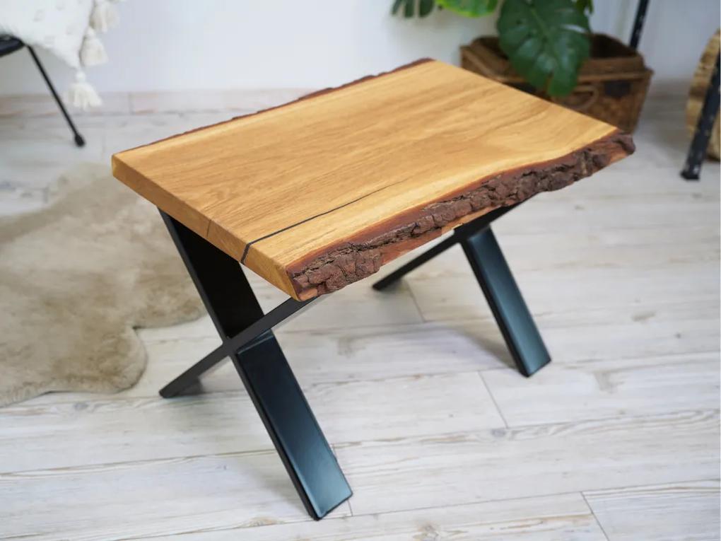 Dubový konferenční stolek z přírodní masivní fošny 40-45x70 cm + Podnože do X