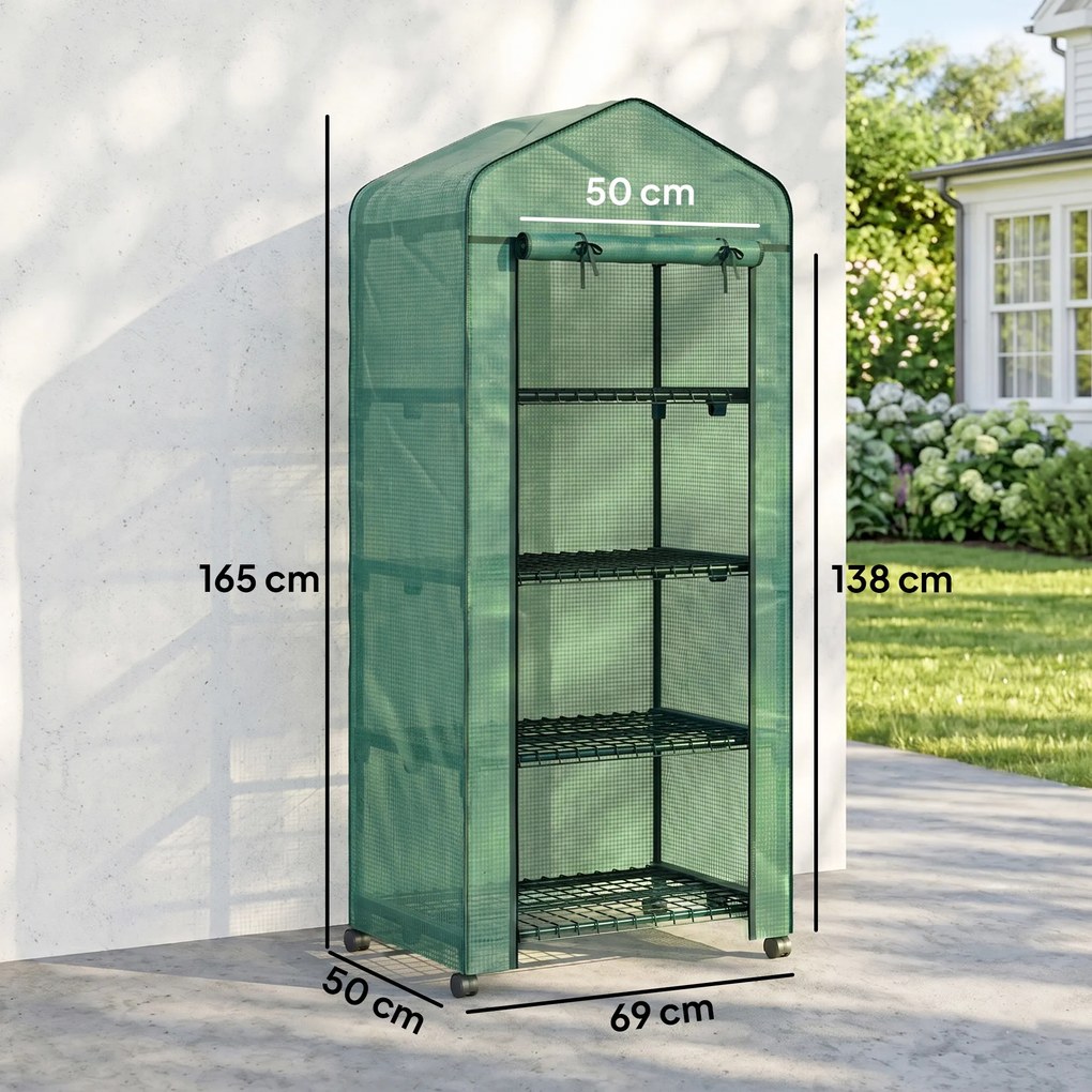 Fóliový skleník Outsunny s rolí, skleník se 4 policemi, fóliový skleník s ocelovým rámem, pro zahradu, balkon 69 x 50 x 165 cm, zelený