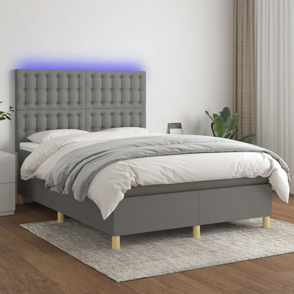 Box spring postel s matrací a LED tmavě šedá 140x200 cm textil 3135758