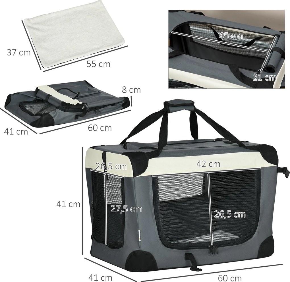 Skládací dopravka pro psy PawHut 60x41x41 cm s okny, měkkým polštářem a 2 ramenními popruhy, taška pro mini psy a kočky, šedá