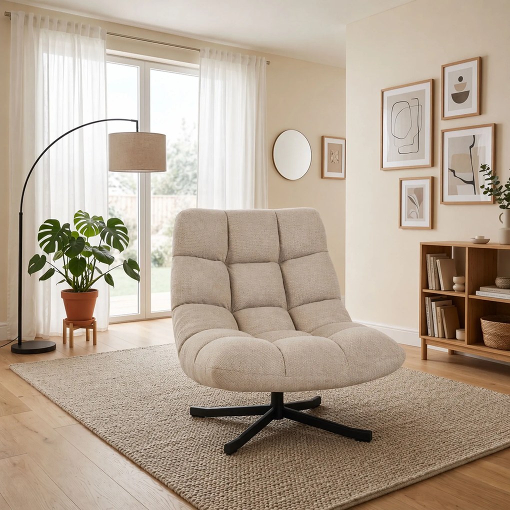 HOMCOM křeslo do obývacího pokoje bez opěrek, otočné o 360°, voděodpudivá tkanina chenille, široký sedák, 75 x 95 x 90 cm, krémová
