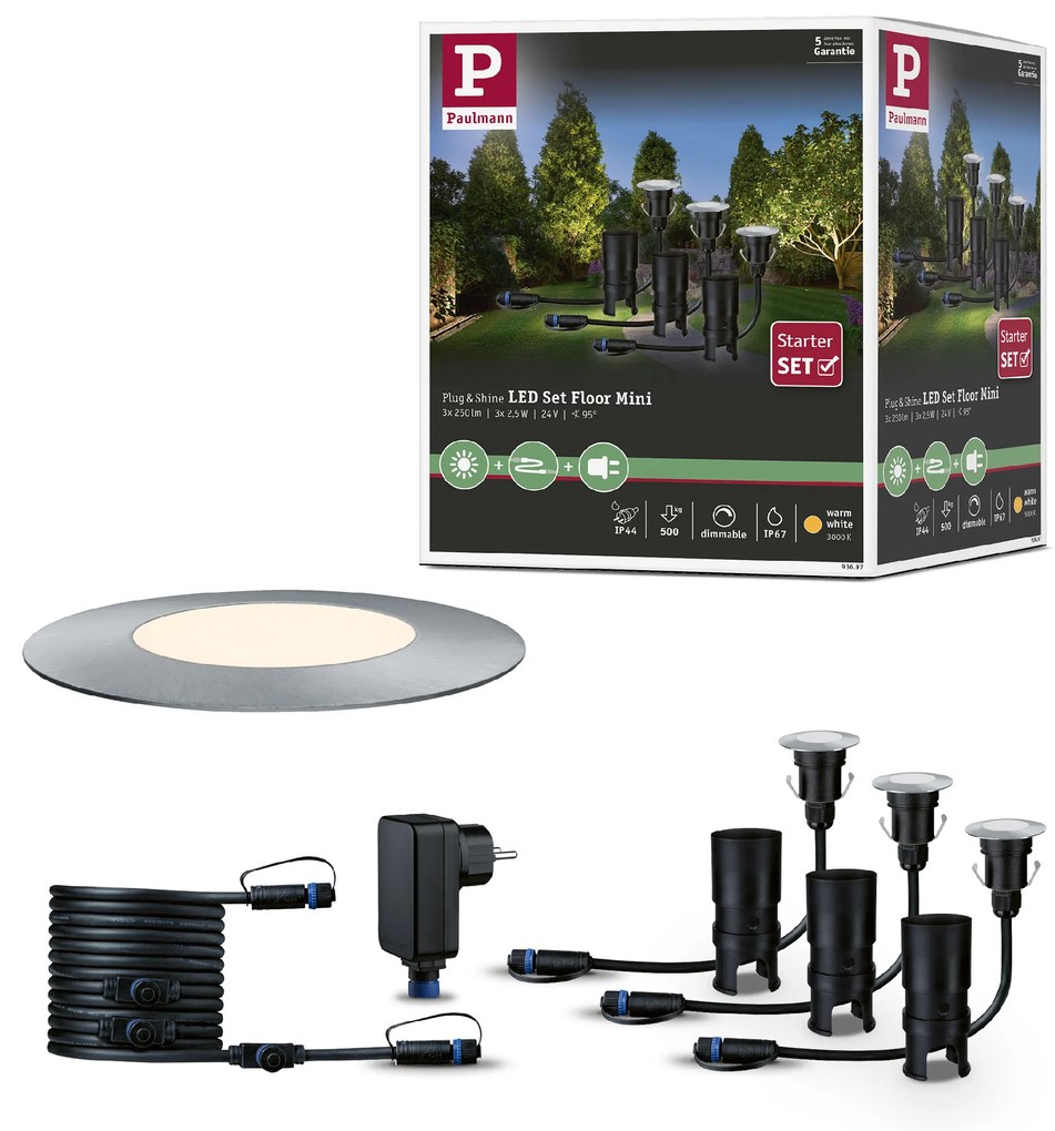 Paulmann 93697 Plug&Shine Mini, základní set zápustných svítidel do exteriéru 3x2,5W LED 3000K stmívatelné, stříbrná, IP65