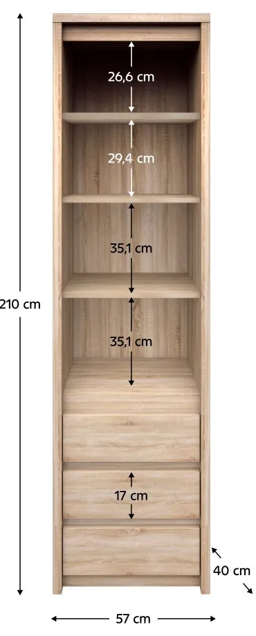 Kondela Otevřený regál s šuplíky 3S, dub sonoma, NORTY TYP 6
