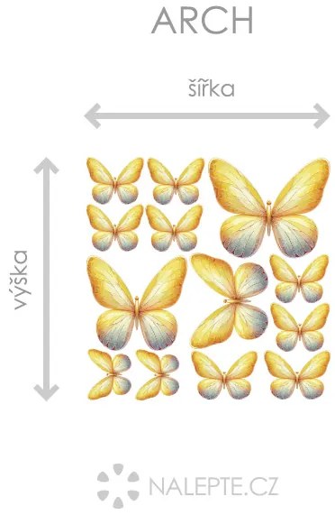 Motýli světle žlutí 13ks textilní přelepitelné samolepky na zeď arch 30 x 30 cm