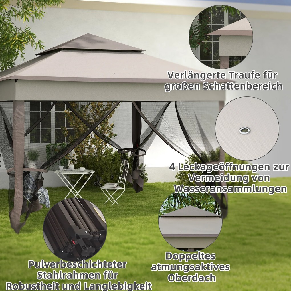 Skládací zahradní stan Outsunny s bočními stěnami pop-up stan 3,25 x 3,25 x 2,65 m ve světle šedé barvě pro zahradní párty a akce |