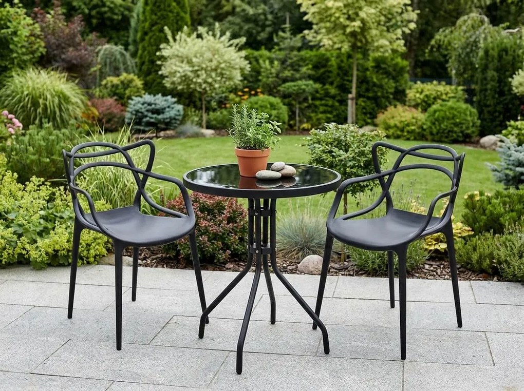 Kulatý zahradní stůl se skleněnou deskou ISLAND BLACK 60 cm, černý