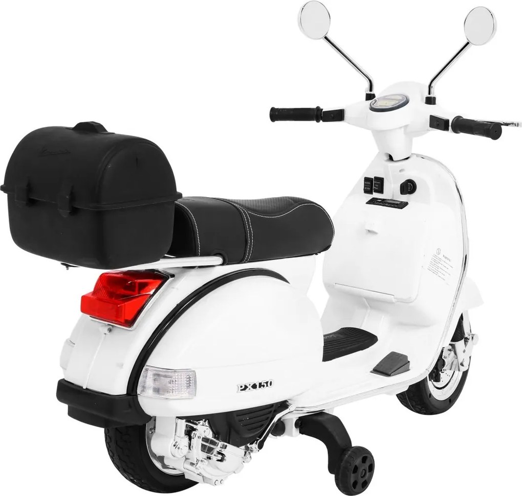 Ramiz Elektrický skútr Vespa pro děti bílý + pomocná kolečka + audio + ekokůže + EVA + plynulý start