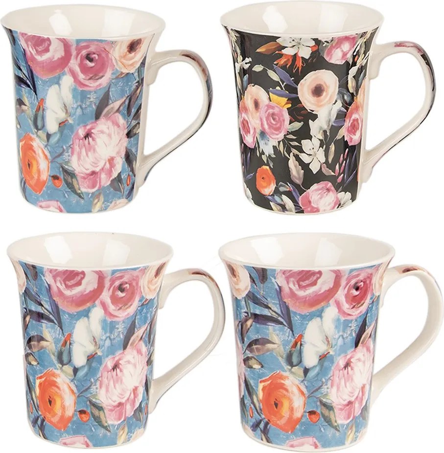 Sada 4ks modrý a černý porcelánový hrnek s květy - 12* 8*10 cm / 300 ml