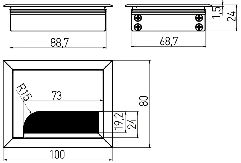In-Design Průchodka kabelů MERI do stolu hranatá šířka 80 mm - různé délky hliník Délka průchodky (mm): 160