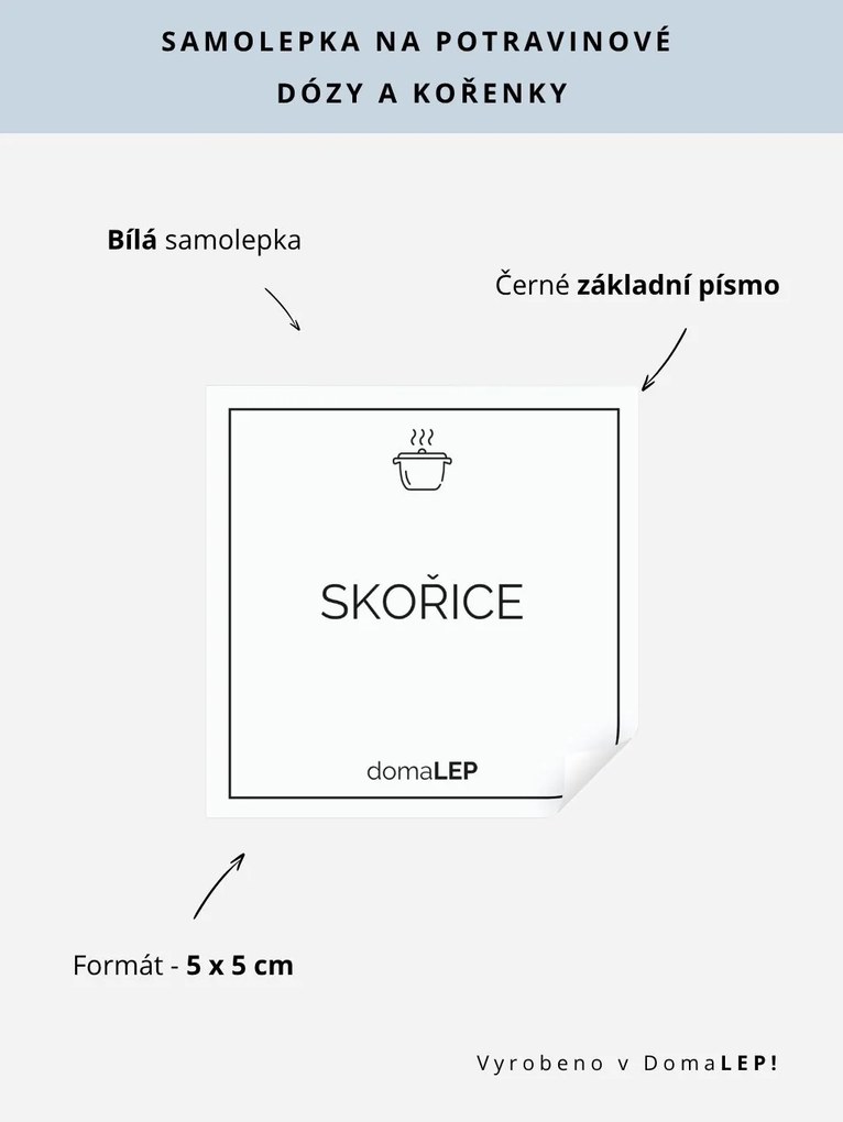 Samolepka na kořenky SKOŘICE bílá 5 × 5 cm základní písmo