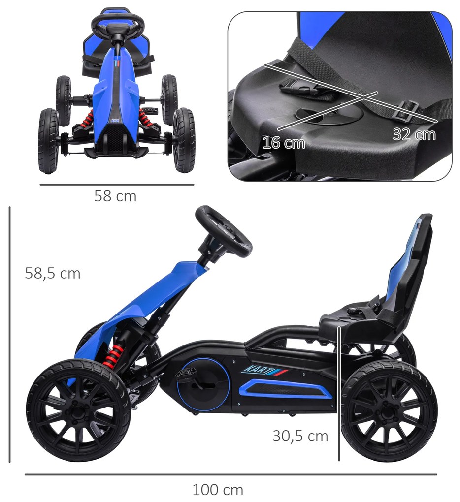 HOMCOM Motokára, dětské vozidlo s nastavitelným sedadlem, šlapací vozidlo, šlapací auto s ruční brzdou, čtyřkolka pro děti od 3 do 8 let, modrá | Aos…