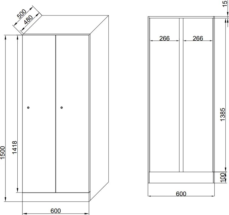 Snížená šatní skříňka S1, 2 oddíly, 1500 x 600 x 500 mm, demont, otočný zámek, tmavě šedé dveře
