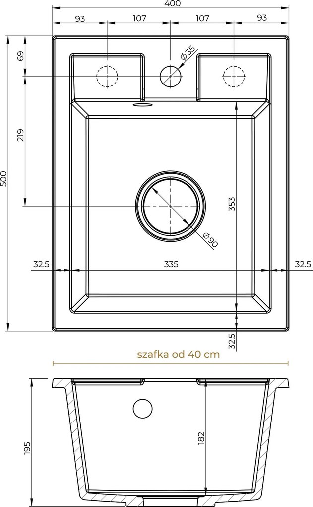 Sink Quality Ferrum 40, kuchyňský granitový dřez 400x500x195 mm + zlatý sifon, bílá, SKQ-FER.W.1K40.XG