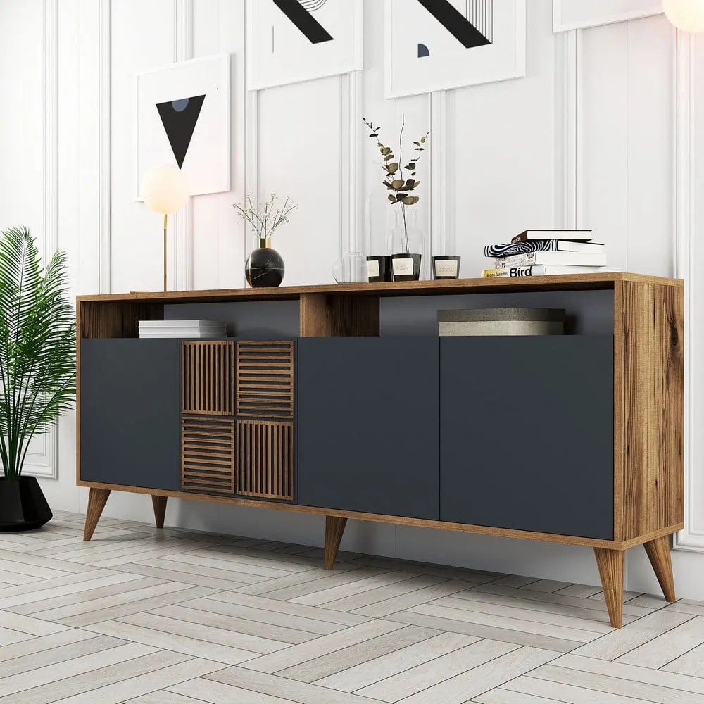 Nízká komoda v dekoru ořechu v antracitové a přírodní barvě 180x79 cm Milan – Kalune Design