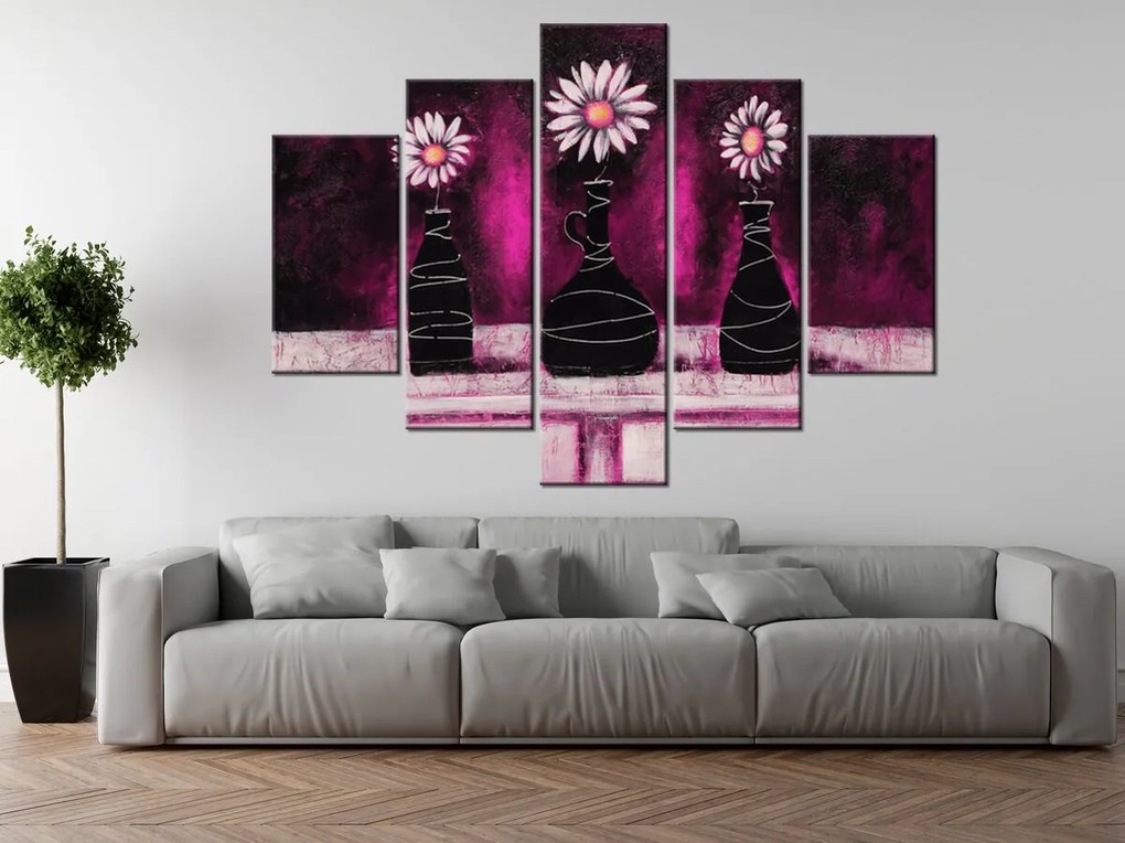 Gario Ručně malovaný obraz Kopretinové růžové trio - 5 dílný Rozměry: 150 x 105 cm