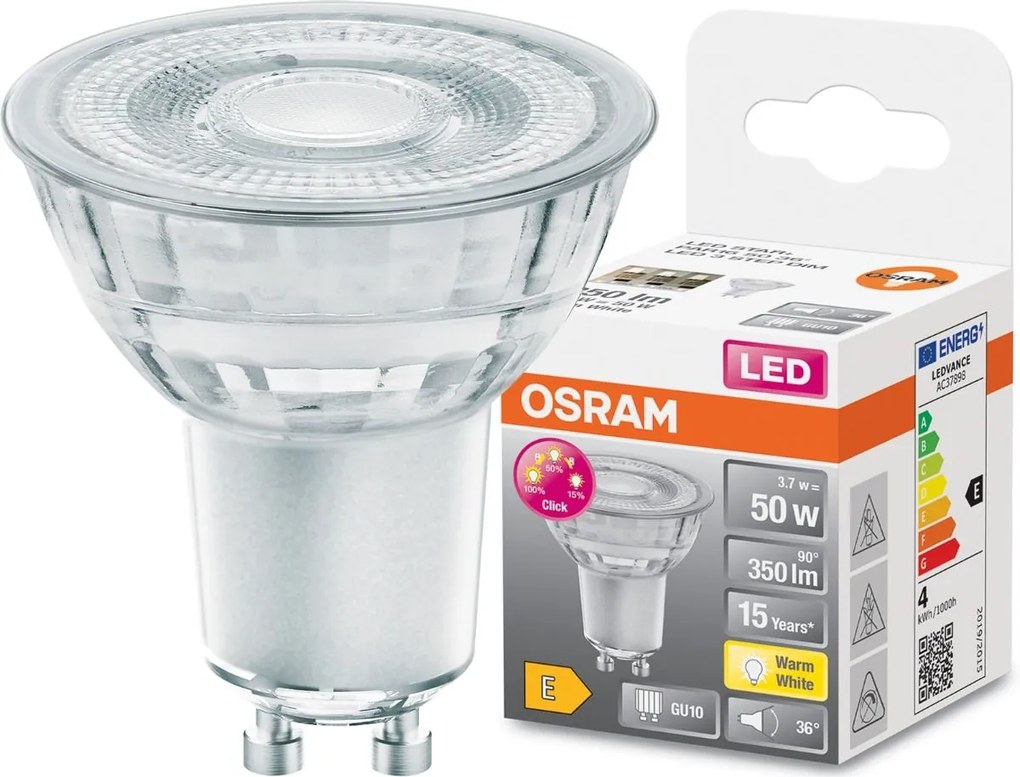 Krokově stmívatelná LED žárovka OSRAM GU10 3,7W 3-STEP DIM 2700K 350LM