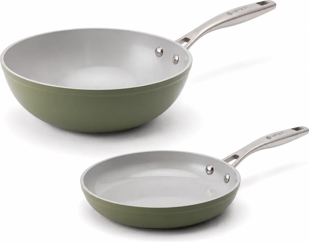Elmich Základní sada keramických pánví Zen 2 ks – klasická + wok, olivově zelená